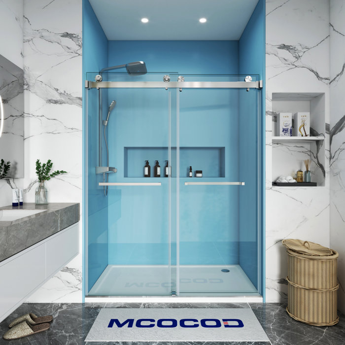 MCOCOD 72" W x 76" H x 2/5" THK Tempered Glass Double Smooth Sliding Frameless Shower Door with ...